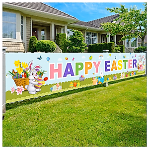 Happy Easter Banners, Easter Bunny Banner Egg Hunt Decorations, Spring Bunny Egg Butterfly Flower Easter Theme Party Banner Rustic Lawn Sign for Outside Garden