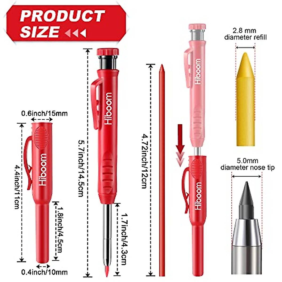 Hiboom 3 Pack Solid Carpenter Pencils with Carpenter Pencil Cap and 27 Refills, Deep Hole Mechanical Scriber Marking Tools with Built in Sharpener for Construction Woodworking Architect