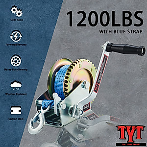 TYT 1200LB Boat Trailer Winch Strap Winch with Blue 26FT Rope, Hand Crank Winch with Hook, High Carbon Steel Dual Ratchet Gear Manual Winch for Towing Pulley Boat Trailer Truck RV Jet Ski Marine Winch