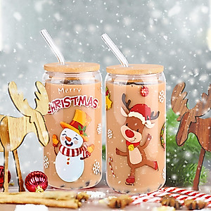 6 Pieces Christmas Can Glass 16oz Coffee Glass Cup with Bamboo Lid and Straw Santa Claus, Elk, Christmas Tree Can Glass for for Water, Juice, Milk, Beer, Whiskey, Vodka and Christmas Party