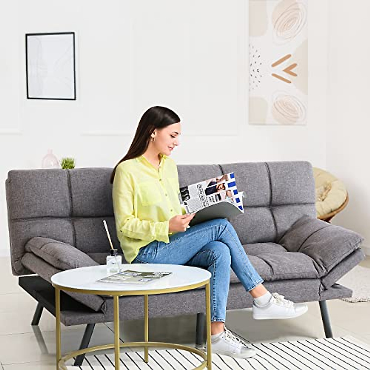 QAIIOO Futon Sofa Bed, Memory Foam Modern Convertible Couch Bed, Folding Futon Sleeper Couch with Compact Living Space, Apartment, Dorm, Bonus Room, 71" D x 33" W x 31.5" H, Grey