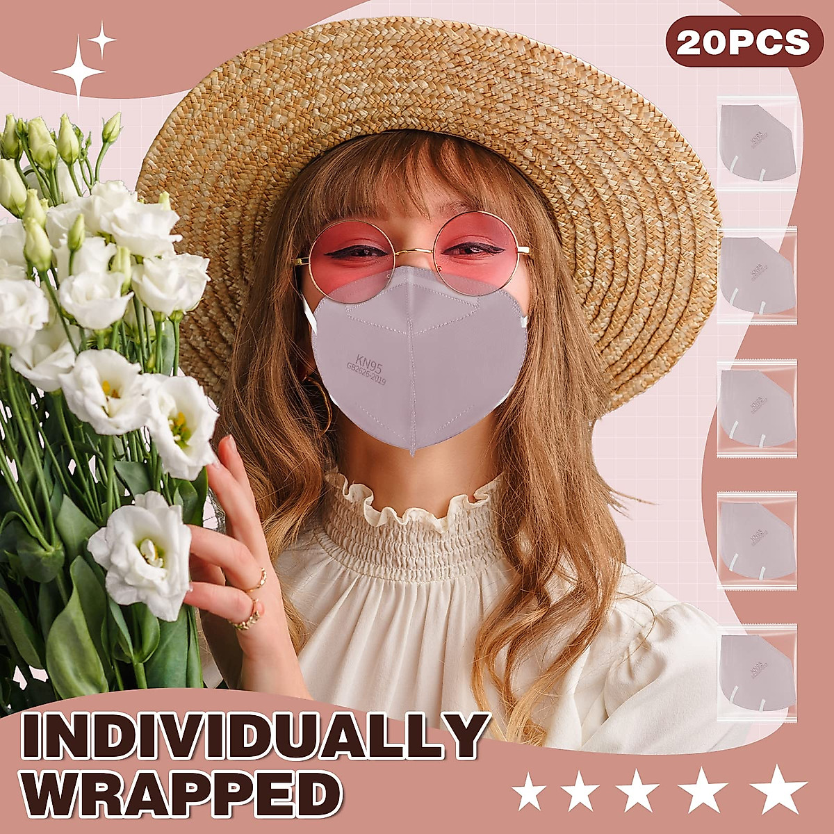 XDX KN95 Face Masks, Individually Wrapped Pink Mask for Men and Women, 5 Layers Breathable & Comfortable Face Masks Disposable, Filter Efficiency ≥95% (Medium Size-20 Pack)