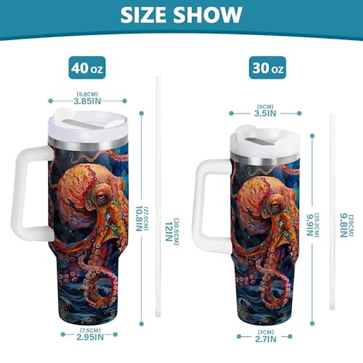 Blueangle 40 oz Red Octopus Tumbler with Handle and Straw Lid, Insulated Cup Reusable Stainless Steel Water Bottle Travel Mug