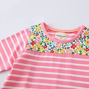 HILEELANG Little Girls Cotton Long Sleeve Casual Pink Stripe Cartoon Appliques Striped Jersey Dresses 5T