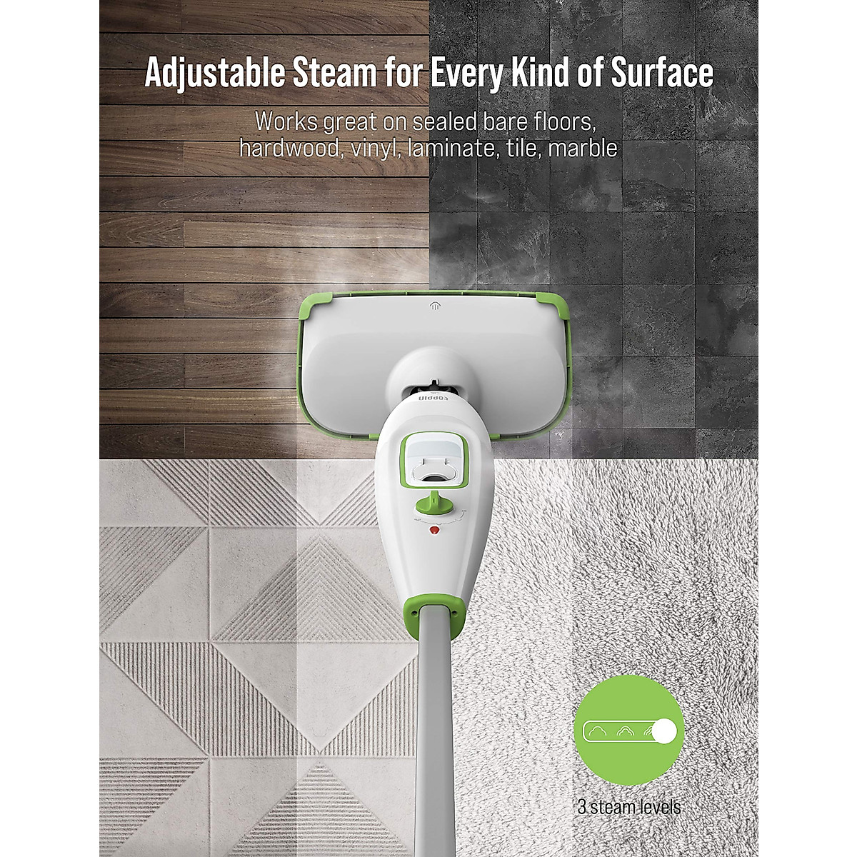 TOPPIN Steam Mop - 23ft Power Cord and 380ml Water Tank, 3 Steam Levels, Steam Mop with 2 Steam Mop Pads, Lightweight Steam Cleaner for Hardwood Floor, Marble, Laminate, Tile