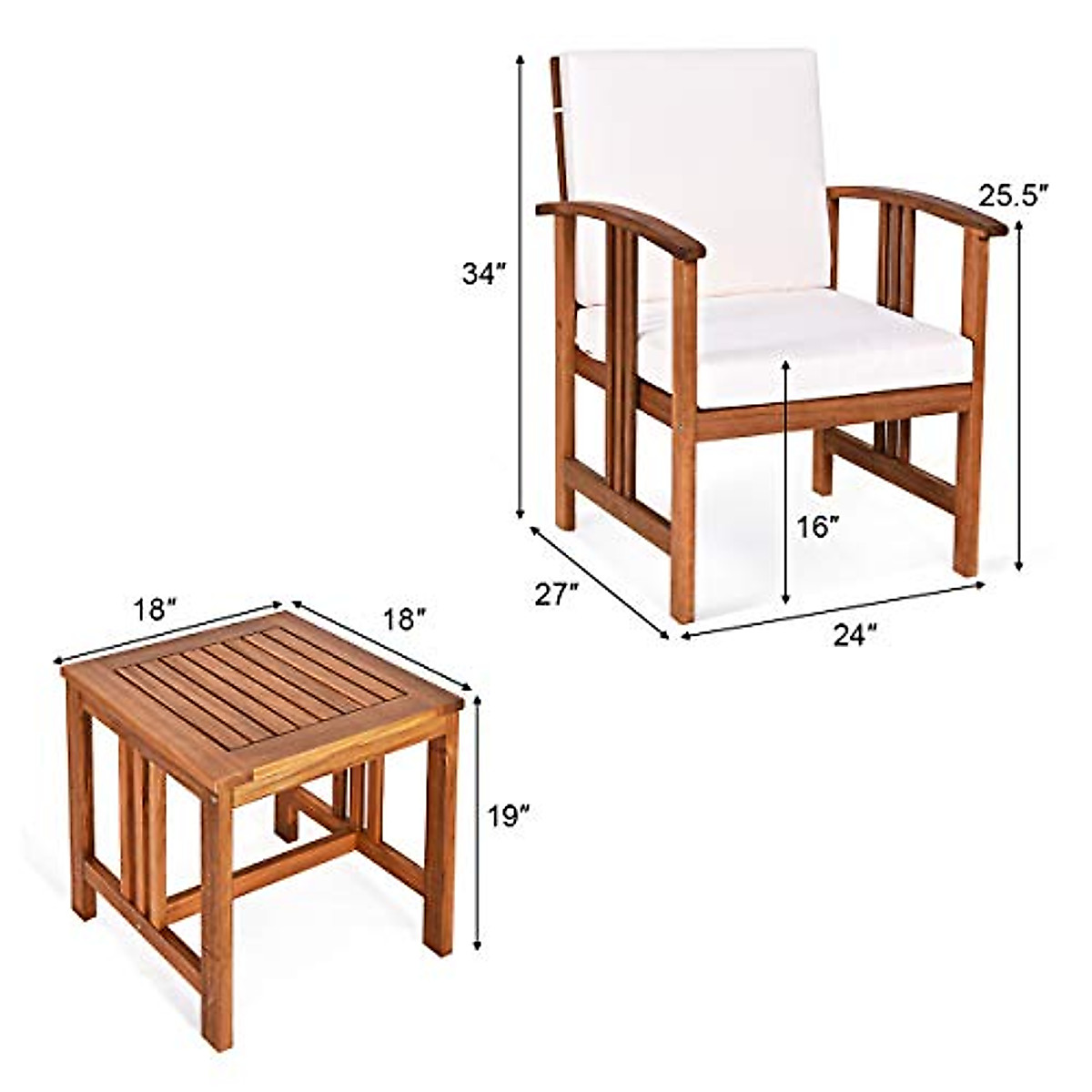 Tangkula 3 Pieces Patio Furniture Set, Includes Set of 2 Outdoor Acacia Wood Cushioned Chairs and Coffee Table, for Garden, Backyard, Poolside, Bistro and Deck, Patio Conversation Chat Set (White)