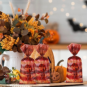 100 Pcs Halloween Cellophane Bags Creepy Carnival Party Favors Plastic Treat Bags Trick or Treat Spooky Goodie Candy Bags with Ties Halloween Circus Carnival Decorations Gifts Supplies(Spooky Style)