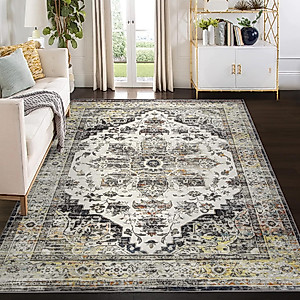 ROYHOME Area Rug 8x10 Machine Washable Rug Traditional Distressed Carpet Stain Resistant Non-Slip Floor Cover Carpet Rug Medallion Accent Rug for Living Room Bedroom Dining Room, Grey