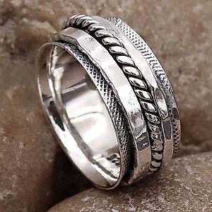 Goyal Jewels Silver Ring 925 Sterling Silver Band and Spinner Meditation Beautiful Ring Men Women Ring Gift Item Statement Handmade Jewelry Ring GESR260 (US-15)