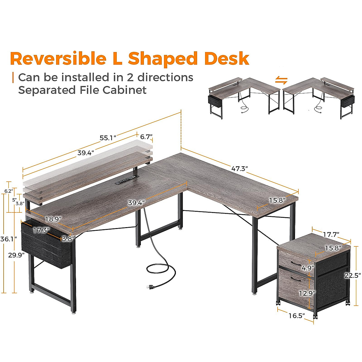 AODK L Shaped Computer Desk, 55" Office Desk with File Cabinet, Power Outlet and Adjustable Monitor Stand, Executive Home Office Furniture Set, Reversible Corner Desk with Storage Bag, Oak Grey