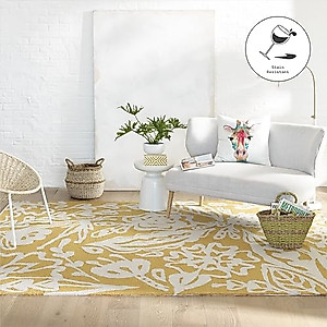 Fab Habitat Hand Hooked Area Rug - Stain Resistant, Plush/Soft Underfoot, Wool-Like Texture - Premium Recycled Polyester Yarn - Abstract Floral - Kitchen, Bathroom - Glamis - Mustard Yellow - 2 x 3 ft