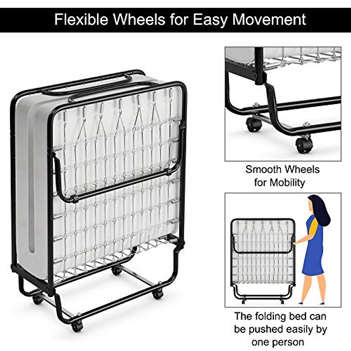 GOFLAME Folding Bed with Memory Foam Mattress, Portable Bed Cot Size with Metal Frame and Wheels for Kids and Adults, Rollaway Guest Bed for Home and Office, Made in Italy