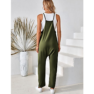 Wyeysyt Womens Casual Jumpsuits Sleeveless Loose Adjustable Strap Overalls Wide Leg Baggy Bibs Romper Pants with Pockets(ArmyGreen-M)