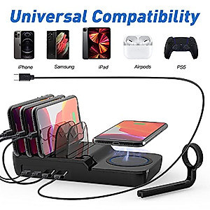 Charging Station, Multiple Devices Charging Station for iPhone, 2 USB & 2 TypeC Ports and One Wireless Charging, Including 4 Charging Cables, One Apple Watch Holder, Safety Charging IC