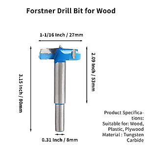 Qjaiune 1-1/16 Inch / 27mm Forstner Drill Bit, 1.0625 Inch Boring Bit Cutter Tungsten Carbide Wood Hole Saw Auger Opener, Woodworking Hole Opener Hinge Hole Cutter for Wood, Plastic, Plywood