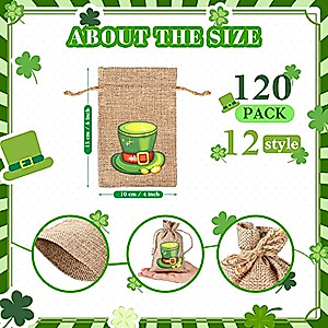 120 Pcs St. Patrick's Day Linen Gift Bag Irish Clover Burlap Bags with Drawstring Small Shamrock Goodie Bag Mini Holiday Treat Sacks Bulk Gifts for Coworkers Candy Party Favor, 12 Designs, 4 x 5.5''
