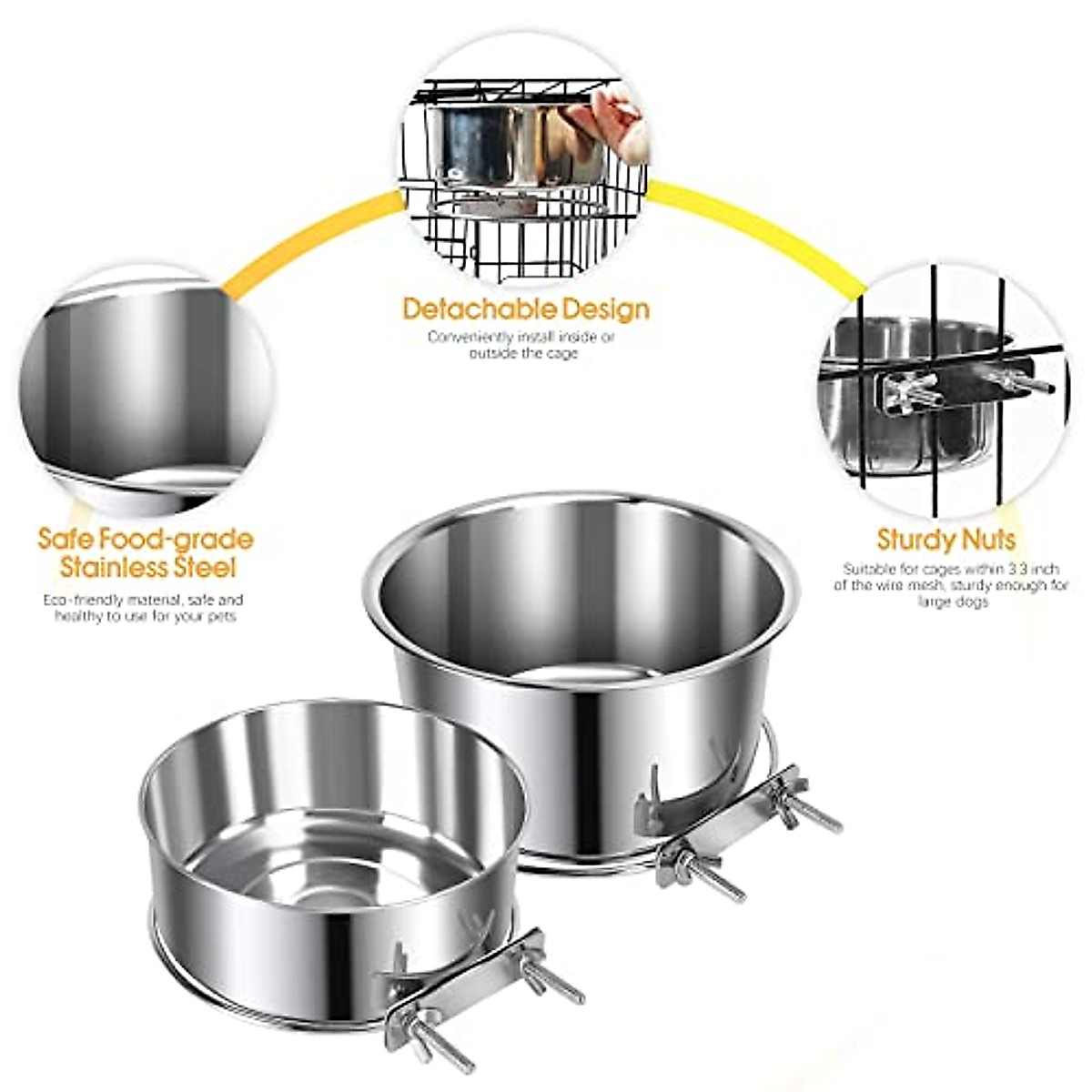Yummy Sam 2 Pcs Large Pet Dog Food Water Bowl for Cage Stainless Steel Non-Spill Kennel Hanging Cats Bowls with Clamp Holder Crate Feeder Dish for Medium Large Dogs Huge Pets (7.1x3.5'' & 6.3x2.6'')