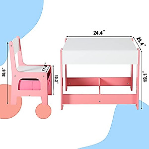 3 in 1 Kids Wood Table and 2 Chairs Set Kids Multi Activity Table and Chair with Storage Children Play Desk for Building Blocks Reading Drawing Art Playroom (Pink)