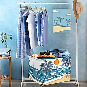 Clastyle Summer Beach Sun Sea Shelf Basket for Bedroom Coconut Trees Blue Rectangle Clothes Toys Cube Storage Basket, 36L