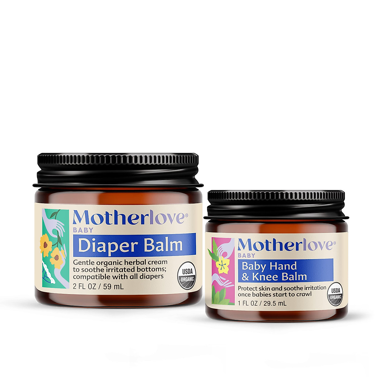 Motherlove Baby Body Care—Diaper Balm (2 oz) and Baby Hand & Knee Balm (1 oz)—Herbal Remedies for your Baby—USDA Organic & Cruelty Free