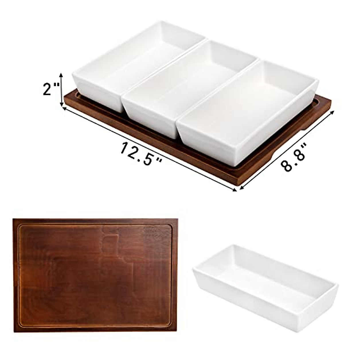 Elsjoy Set of 3 Ceramic Serving Bowls with Wooden Tray, Snack Serving Tray Divided Serving Platter for Appetizer, Fruits, Bread