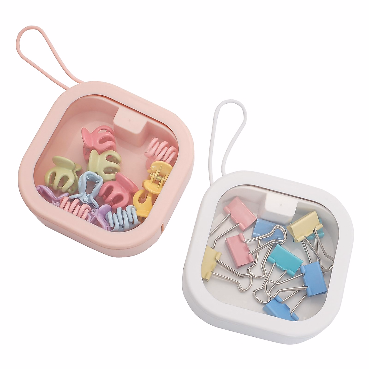 Heliltd 2pcs Hair Tie Organizer Boxes Small Lightweight Portable Hair Tie Holder Organizer Can Be Stackable or Hang for Desktop Bathroom Travel or Small Items Storages (Pink + White)