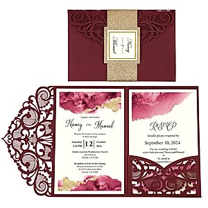 DORIS HOME 50PCS Laser Cut Wedding Invitations with Envelopes and RSVP Cards BLANK Inner With Gold Glitter Belly Band for Wedding Engagement Bridal Shower Party Invite 4.7x7 Inch Burgundy