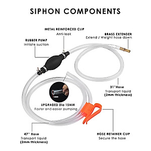 KATUMO Siphon Pump, Upgraded 15MM Enlarged Caliber Siphon Fuel Hand Pump for Gasoline, Oil, Diesel & Water with Hoses, Pinch Clips, Hose Retainer, Brass Extender