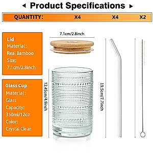 Set of 4 Hobnail Highball Glasses: Embossed Beaded Glass Cups with Lids and Straws – Perfect for Cocktails, Old Fashioned, Margaritas, Beer, Juice, and More – 12oz Elegant Mixed Drinkware (12 Oz)