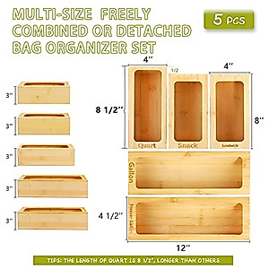 LIBWYS Bamboo Storage Bag Organizer Compatible with Ziploc, Solimo, Glad, Hefty for Gallon, Quart, Sandwich, Snack & Freezer Gallon Variety Size Bag Holder Kitchen Drawer Dispenser