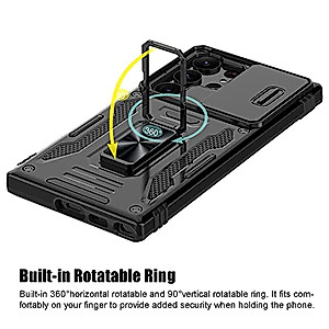 SYONER for Samsung Galaxy S23 Ultra Case, Shockproof Phone Case with Sliding Camera Cover & Rotatable Ring Holder Kickstand + Soft TPU Screen Protector for Galaxy S23 Ultra (6.8", 2023) [Black]