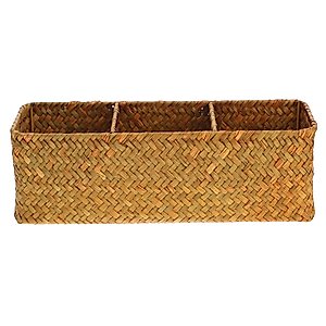 Seagrass Storage Basket 3 Divided Handmade Wicker Basket Organizer Tea Bag Sugar Packet Holder for Coffee Pods Snack Bathroom Paper Coffee
