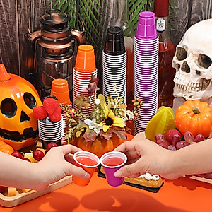 Yinkin Halloween Plastic Shot Glasses Bulk 2 oz Disposable Mini Shot Cups for Halloween Party Supplies Bachelorette Birthday Tasting Serving Samples(Black, Orange, Purple,150 Pcs)