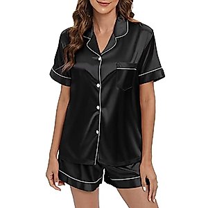 HPWUZK Women's Satin Pajamas sets Short Sleeve Sleepwear Soft Silk Button Down Loungewear Pjs Shorts Set Black