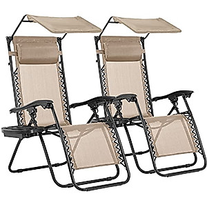 FDW 2 PCS Zero Gravity Chair Lounge Chairs Patio Chairs with Canopy Cup Holder for Outdoor Patio Seaside (Tan)