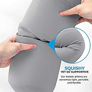 Squishy Deluxe Tube Microbead Bolster Pillow with Stay-Cool Fill & Silky Removable Cover, Flexible, Head, Neck & Back Support for Home & Away, Carrying Case, 13 x 6 inches, Grey