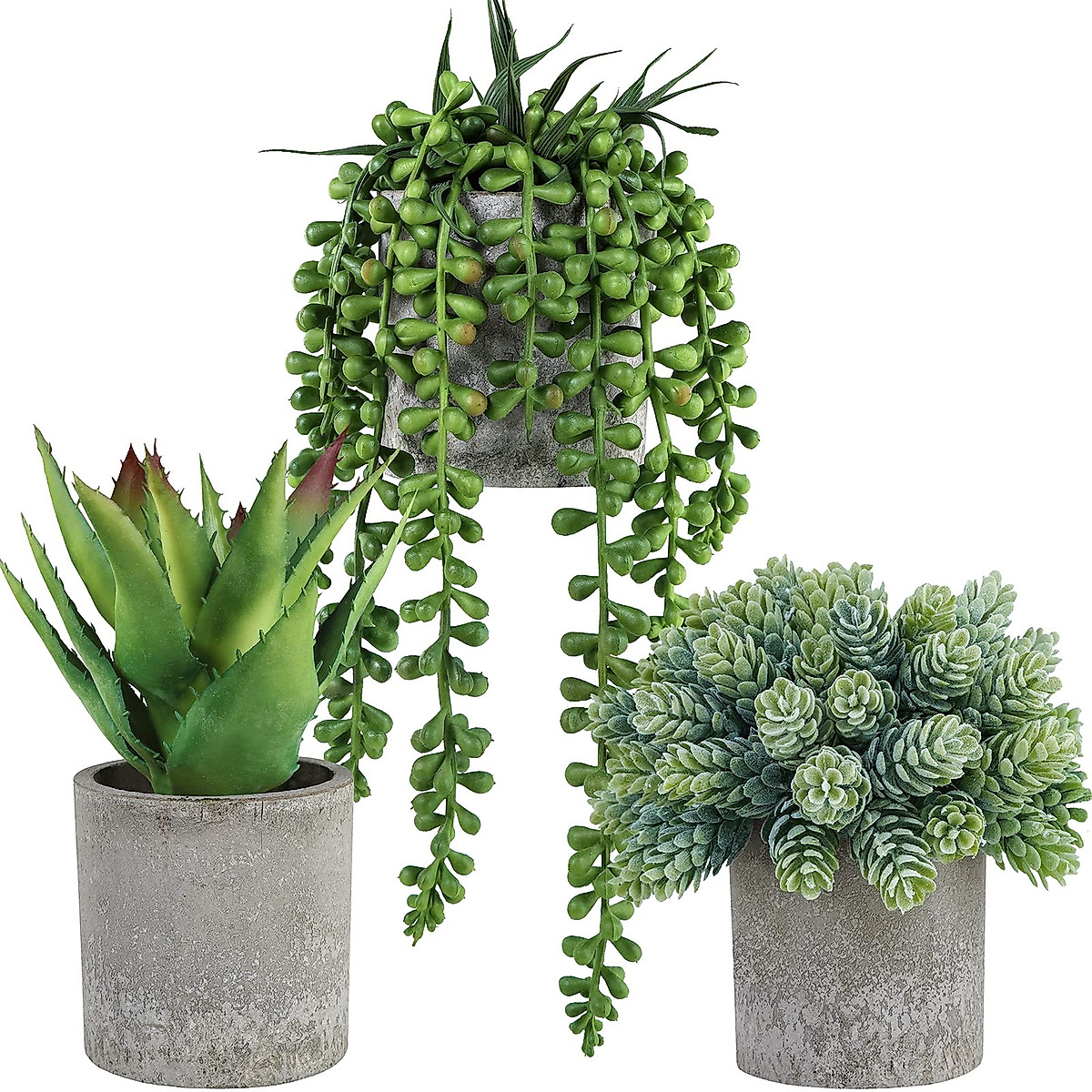 Winlyn Set of 3 Mini Potted Succulents Artificial String of Pearls Aloe Hops Succulent Plants in Gray Pots for Gifts Table Shelves Windowsill Office Desk Indoor Greenery Decorations Wedding Favors