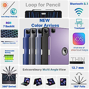 edaiser iPad Pro 12.9 inch Keyboard Case: 2022 Rotatable Case with Keyboard iPad Pro 12.9-inch 6th Gen 5th 2021 4th 2020 3rd Generation 2018 Backlit Smart Trackpad Bluetooth and Pencil Holder Black