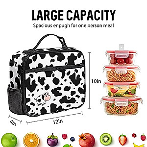 Lunch Bag for Teen Boys Girls, Stylish Reusable Insulated Lunch Box with Side Pocket for Adult and Kids, Durable Cooler Lunch Tote Bag with Detachable Handle for School Work (Cute Cow)