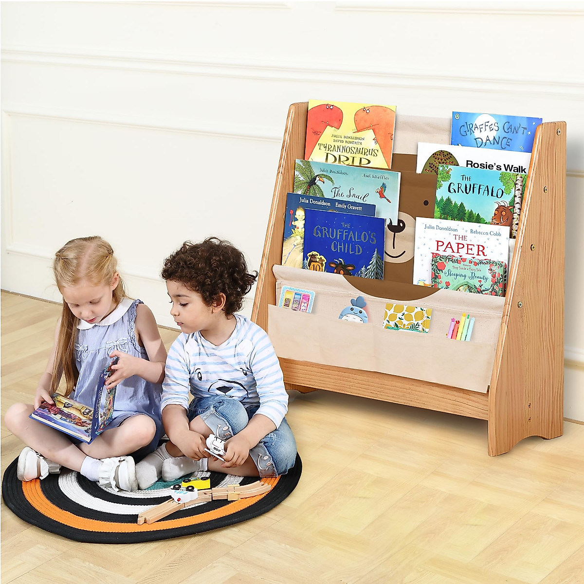 KRAND Kids Sling Bookshelf for Toddler Boys and Girls Book Rack Storage Baby Bookcase Organizer,Features Strong Canvas Sleeves&Solid Wood Structure (Natural/Basic)