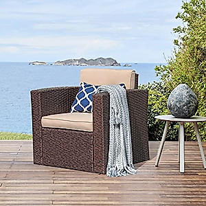 Super Patio PE Wicker Outdoor Sofa, Rattan Patio Chair, Single Armchair with Beige Cushion, Additional Seat for Outdoor Furniture Set, Sectional Sofa, Porch, Garden, Backyard, Espresso Brown