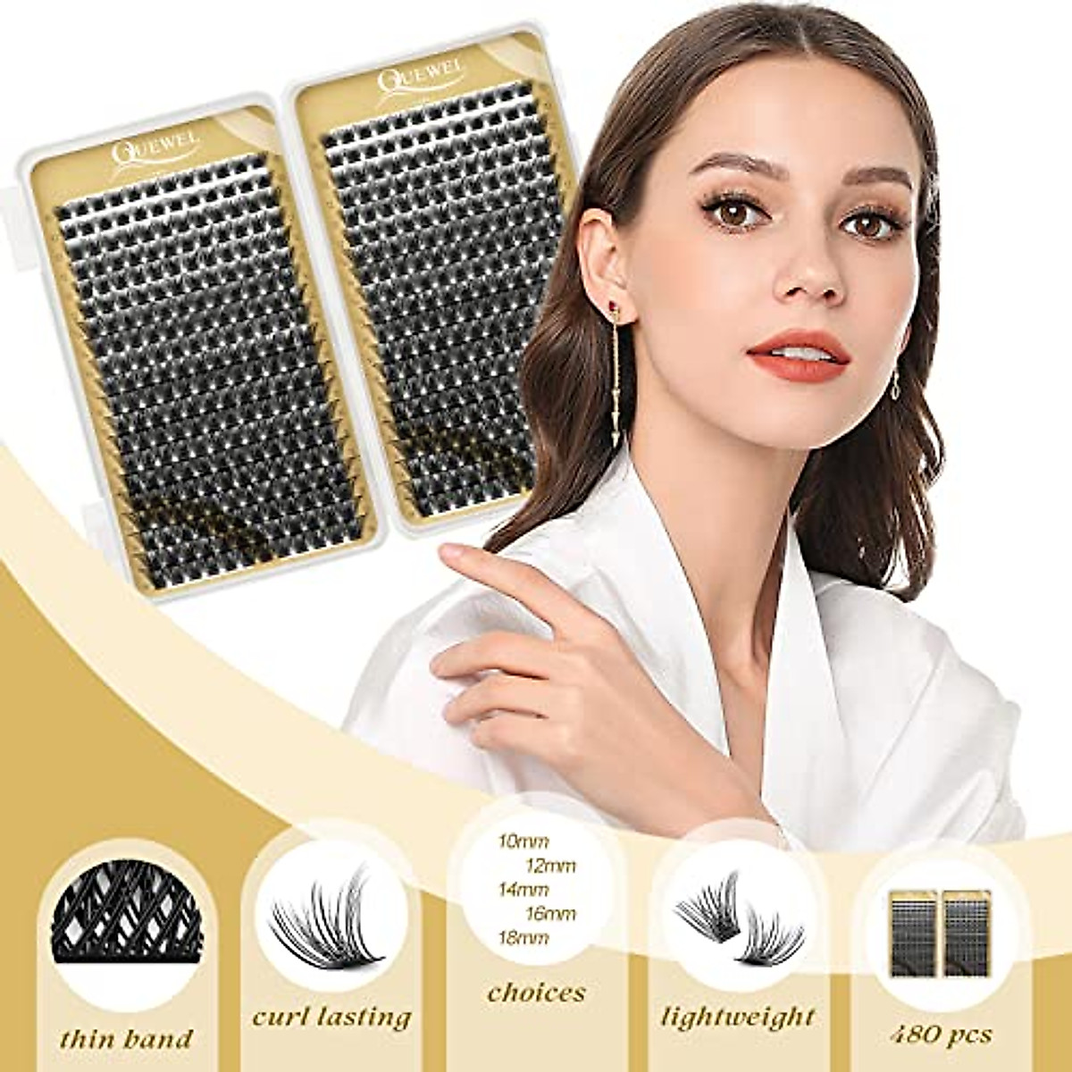 QUEWEL Lash Clusters 480 Pcs Individual Lashes Mix10-18mm Cluster Lashes Practical Soft Comfortable DIY Lash Extensions Lasting Enlarged Eyes (Mega-Mix10-18)