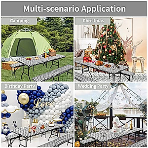 Easy-Going 100% Waterproof Picnic Outdoor Tablecloth with Bench Covers Fit 6 Foot Rectangle Table, 3-Piece Set Camping Table Cover with Seat Covers (30x72 in, Black-Checkered)