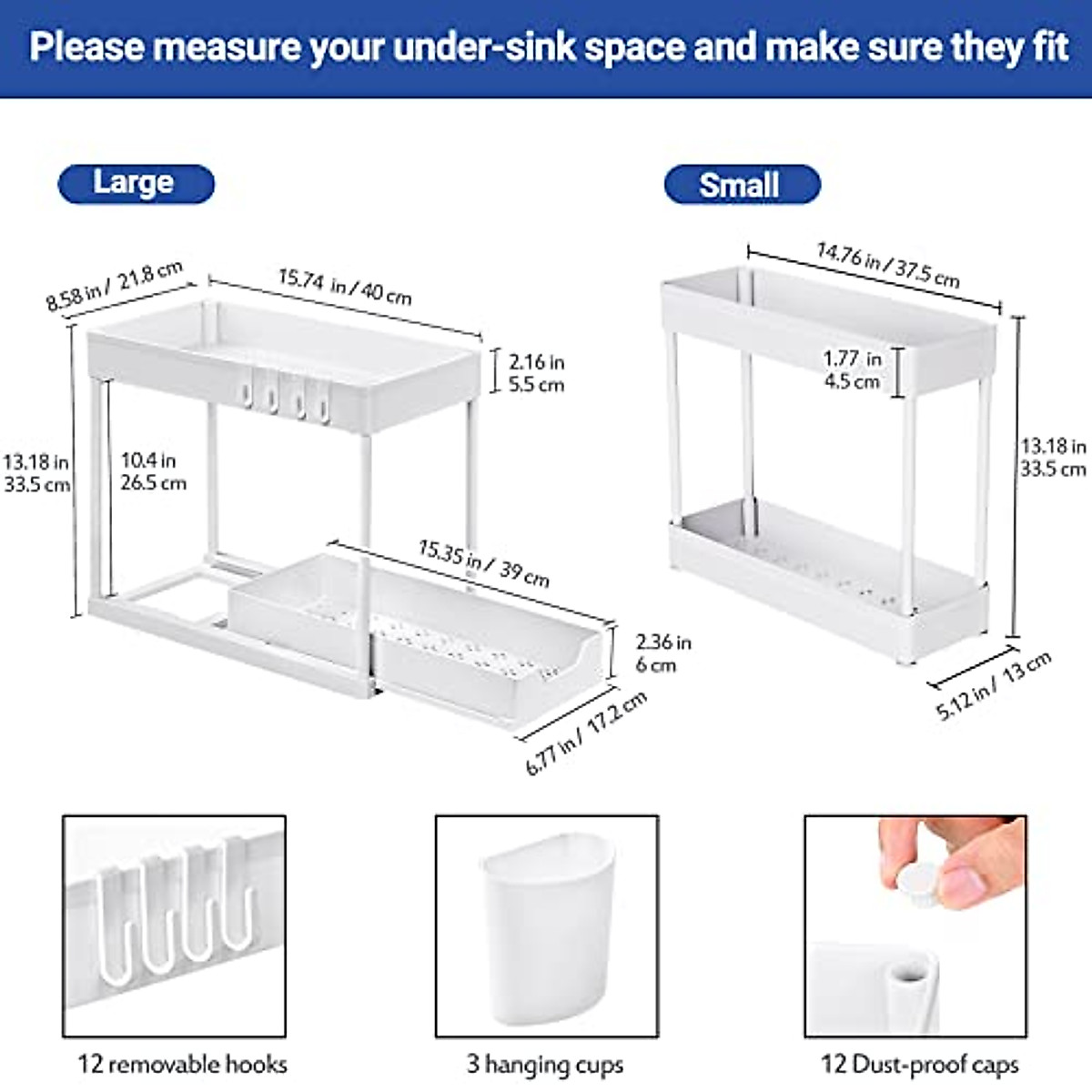 3 Pack Puricon Under Sink Organizer Pull Out Under Sink Storage, 2 Tier Multi-Purpose Sliding Under the Sink Organizer Bathroom Kitchen Sink Organizer Under Cabinet Shelf for Cleaning Supplies -White
