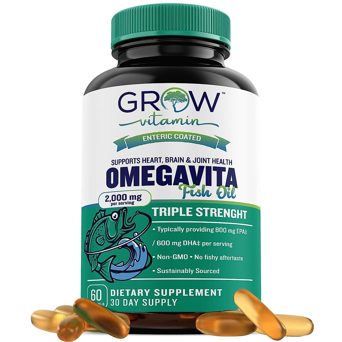 grow vitamin OmegaVita Fish Oil : 800 mg EPA 600 mg DHA Omega 3 Supplement for Heart, Brain & Immune Support, Absorbable Triple Strength Fish Oil Supplement - 2000 mg Per Serving, 30 Day Supply