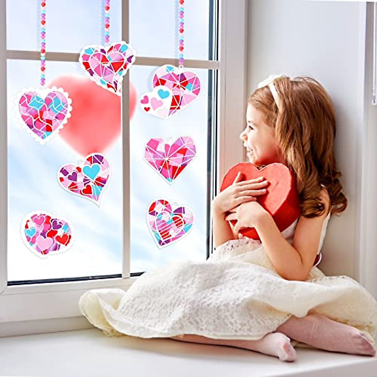 24 Pieces Valentine's Day Suncatcher Craft Kit, Tissue Paper Heart Suncatcher Craft Valentine's Day Window Art Kit with 18 Tissue Paper for Valentine's Day Mother's Day Craft DIY Spring Party Favor