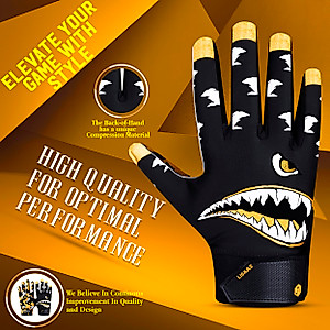 Limited Edition Football Gloves Fit Youth Football Gloves Tacky Football Gloves Men, Football Gloves for Kids 8-12 Receiver Gloves Adult/Football Gloves Youth (Shark/Black&Gold, Youth XS/Small)