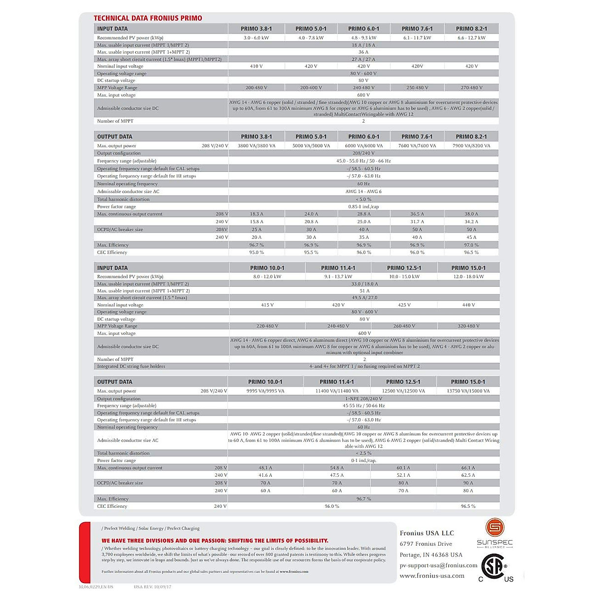 Fronius 4,210,063,800 Primo 5.0-1 Solar Inverter Grid-Tie 5000W - Single Phase - 2 MPPT - 208/240VAC, NEMA 4X Indoor/Outdoor