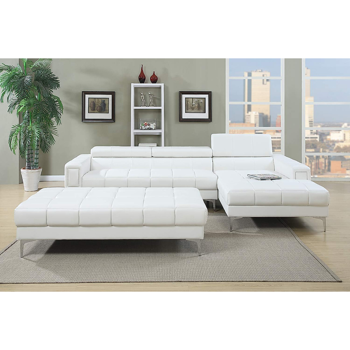 Poundex Bobkona Hayden Bonded Leather Sectional with Adjustable Back, White