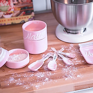 Farmhouse Canisters Sets for the Kitchen - Mason Jar Ceramic Kitchen Utensil Holder, Spoon Rest, Cute Cookie Jar, Salt & Pepper Shaker Sets, Sponge Holder, Measuring Cups & Spoons (Pink, 17-Pc Bundle)